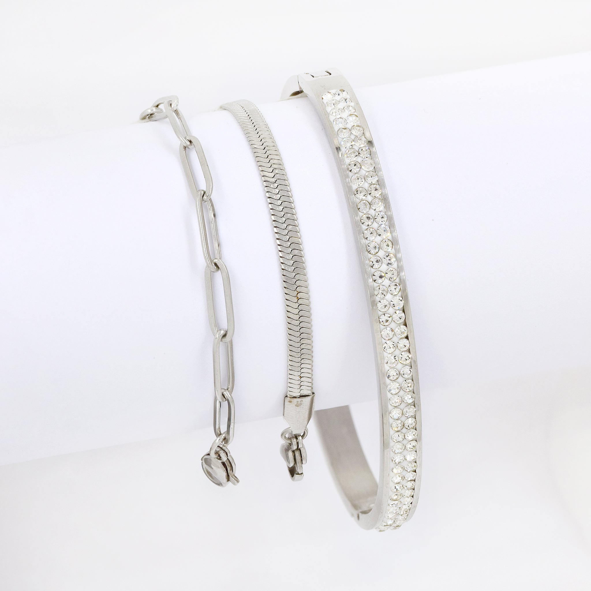 Stainless Steel Paperclip, Herringbone & Crystal Bangle Set – TrendStudio